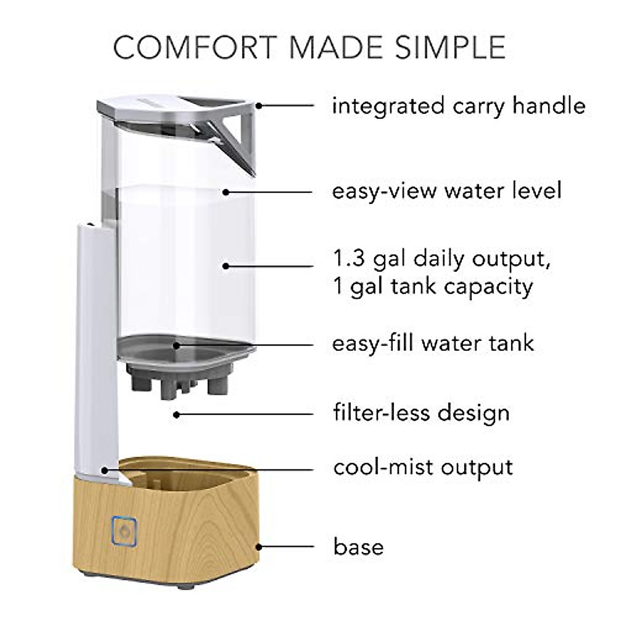 Sharper Image UHS1-SI Ultrasonic Cool Mist Humidifier, 1 Gallon, 2 Settings, Auto Shut-Off, Illuminated Touch Control, Low Water Indicator, Easy Fill Tank, 1.0 Gallon, Ash Woodgrain