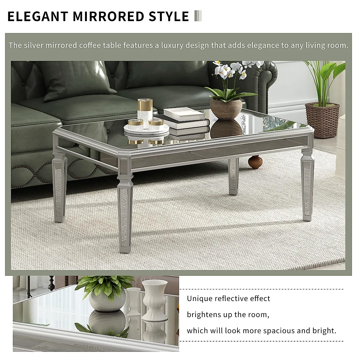 EMKK Sleek Glass Mirrored Coffee Adjustable Legs, Easy Assembly Cocktail Sturdy Design, Luxury Contemporary Center Table for Living Room, Silver