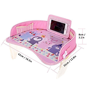 Kids Travel Tray for Toddler Car Seat, Toddler Car Seat Tray Organizer with Sturdy Play Table and Phone Holder, Road Design Enables Snack Play, Pink