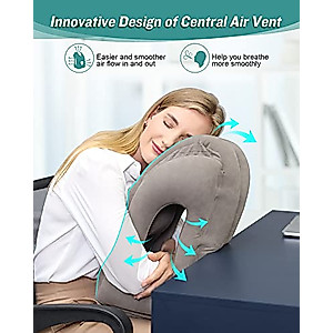 JefDiee Inflatable Travel Pillow, Airplane Neck Pillow Comfortably Supports Head and Chin for Airplanes, Trains, Cars and Office Napping with 3D Eye Mask, Earplugs and Portable Drawstring Bag (Grey)
