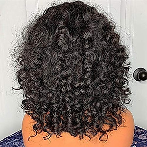 200 Density Scalp Top Curly Full Machine Made Human Hair Wigs with Bangs Remy Brazilian Short Curly Wig For Women (14 Inch)