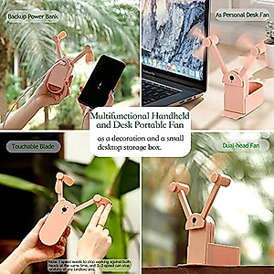 Bovisbws Portable Handheld Desk Fan,Dual-head fan with 3000 mAh Powerbank 20H Runtime,Duble Enhanced Airflow, Battery Operated or USB Powered Folding Personal Fan,3 Speeds,Rechargeable Mini Fan,White