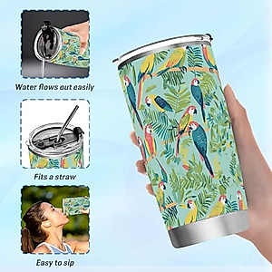 Parrots Tropical Plants Green Stainless Steel cups for hot and cold with Straw Leak Resistant Flip coffee mug to go for café reusable flip straw tumbler 20 OZ