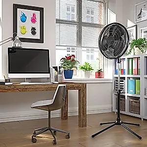 Comfort Zone 16" Oscillating Pedestal Fan with Folding Base, 3-Speed, Adjustable Height and Tilt, Top-Mounted Controls, Ideal for Home, Bedroom & Office, CZST162BTEBK