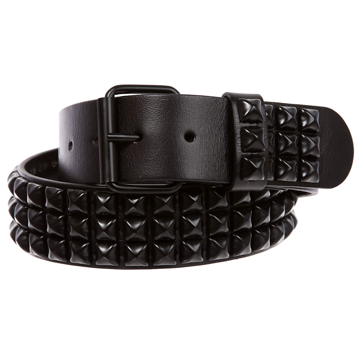 Three Row of Punk Rock Star Metal Black Studded Leather Belt, 38"
