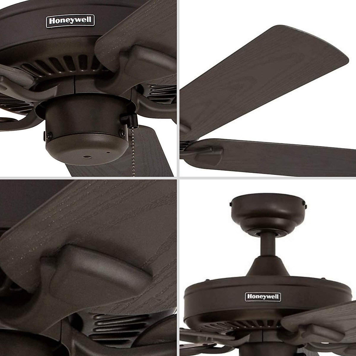 Honeywell Ceiling Fans Belmar, 52 Inch Traditional Indoor Outdoor LED Ceiling Fan with No Light, Pull Chain, Three Mounting Options, ETL Damp Rated, Reversible Motor - 50199-01 (Bronze)