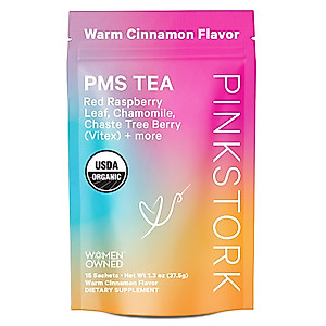 Pink Stork Organic PMS Tea for Hormone Balance, Mood Swings, Bloating, and Period Regularity - 8 Herbs - Vitex, Red Raspberry Leaf, Chamomile - Caffeine-Free - 15 Sachets, Warm Cinnamon