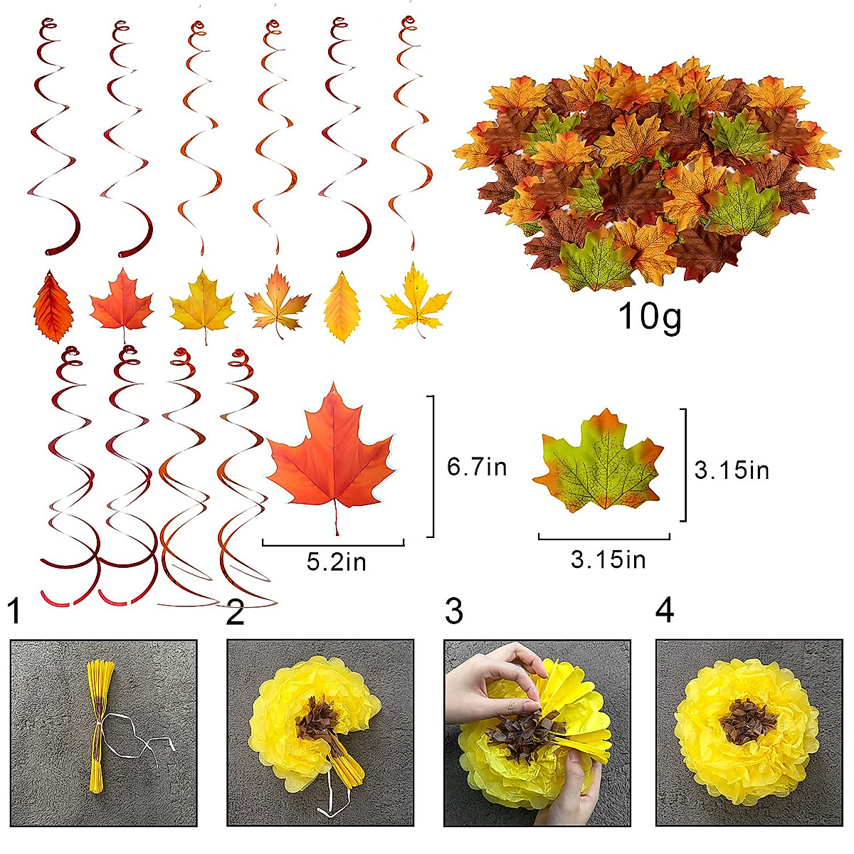 Mauts-inus Fall Thanksgiving Party Decorations -Orange Autumn Hanging Paper Fans Pom Poms Maple Leaves Party Swirls Streamers Lanterns Garlands Fall Banner for Thanksgiving Wedding Birthday