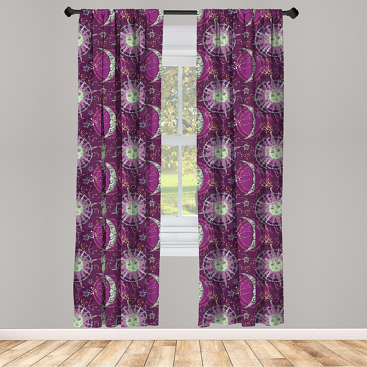 Lunarable Sun and Moon Window Curtains, Celestial Fantasy Composition with Constellations on Purple Backdrop, Lightweight Decor 2-Panel Set with Rod Pocket, Pair of - 28" x 63", Multicolor