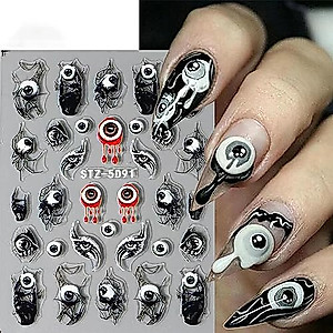 6 Sheets Halloween Nail Stickers 5D Stereo Relief Nail Decals for Acrylic Nail Art Gothic Evil Eyes Ghost Face Skeleton Pegatinas Uñas Self-Adhesive Nail Art Supplies Sky Wings Design Nail Accessories