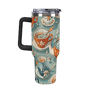 FZQVSGW Teapot And Mug 40 Oz Tumbler with Handle And Straw Stainless Steel Vacuum Insulated Tumblers Reusable Keep Drinks Cold Coffee Cup Holder Friendly Gifts for Women Men Car Gym Travel