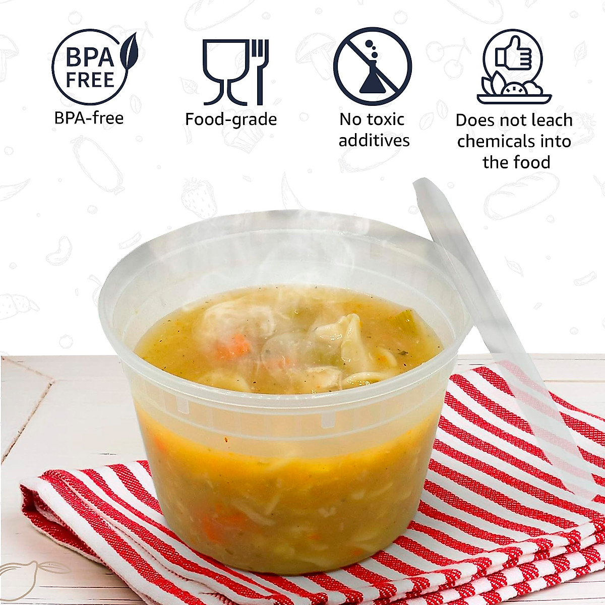 [48 Pack - 16 oz] Plastic Soup Cups Deli Food Storage Containers with Tight Lids Portion Control Non-Spill Stackable Microwaveable Freezer Dishwasher Safe