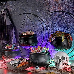 Dandat 4 Sets Halloween Light up Witches Cauldron Candy Bucket Witches Cauldron Serving Bowls on Rack Black Plastic Candy Bucket Cauldron with String Lights for Indoor Outdoor Home Kitchen Decoration