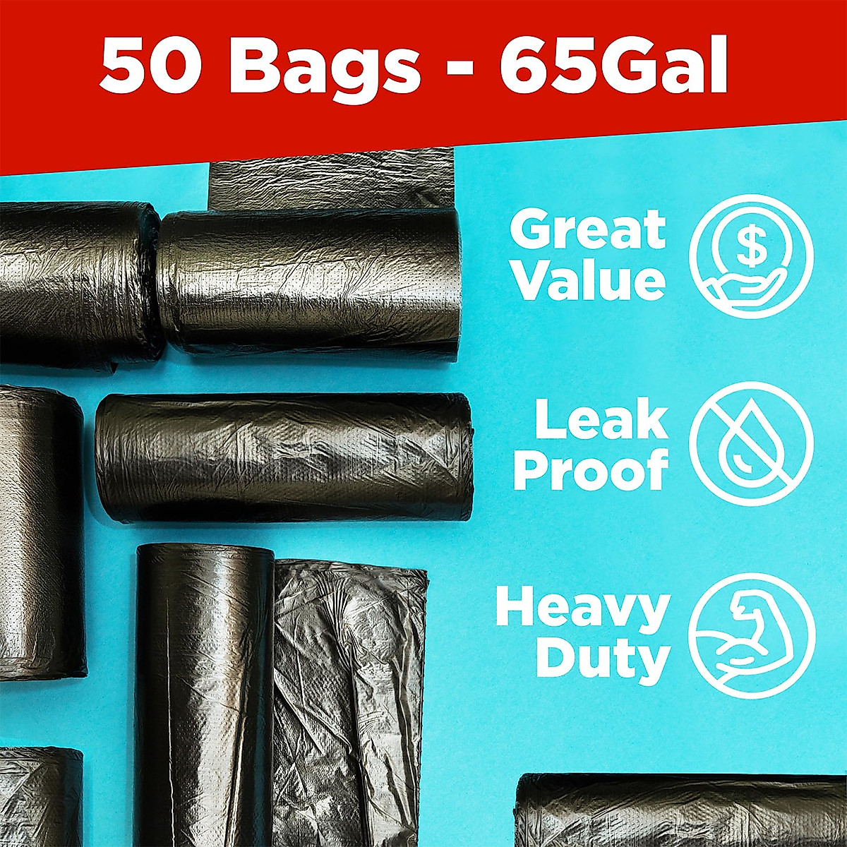 ToughBag 64-65 Gallon Industrial Trash Bags, 50 x 60” Large Black Garbage Bags (50 COUNT) – 60 Gallon Trash Bags, Outdoor Garbage Can Liner for Custodians, Landscapers, Contractors - Made In USA