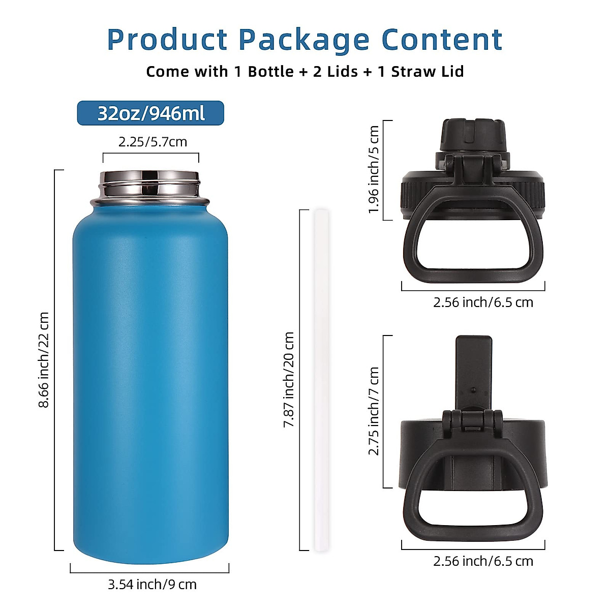 Volhoply 32oz Insulated Water Bottles Bulk 8 Pack with Straw Lid & Spout Lid,Stainless Steel Sports Water Bottle,Double Wall Vacuum Cups,Leakproof Wide Mouth Metal Flask for Hiking,Camping(Blue,8)