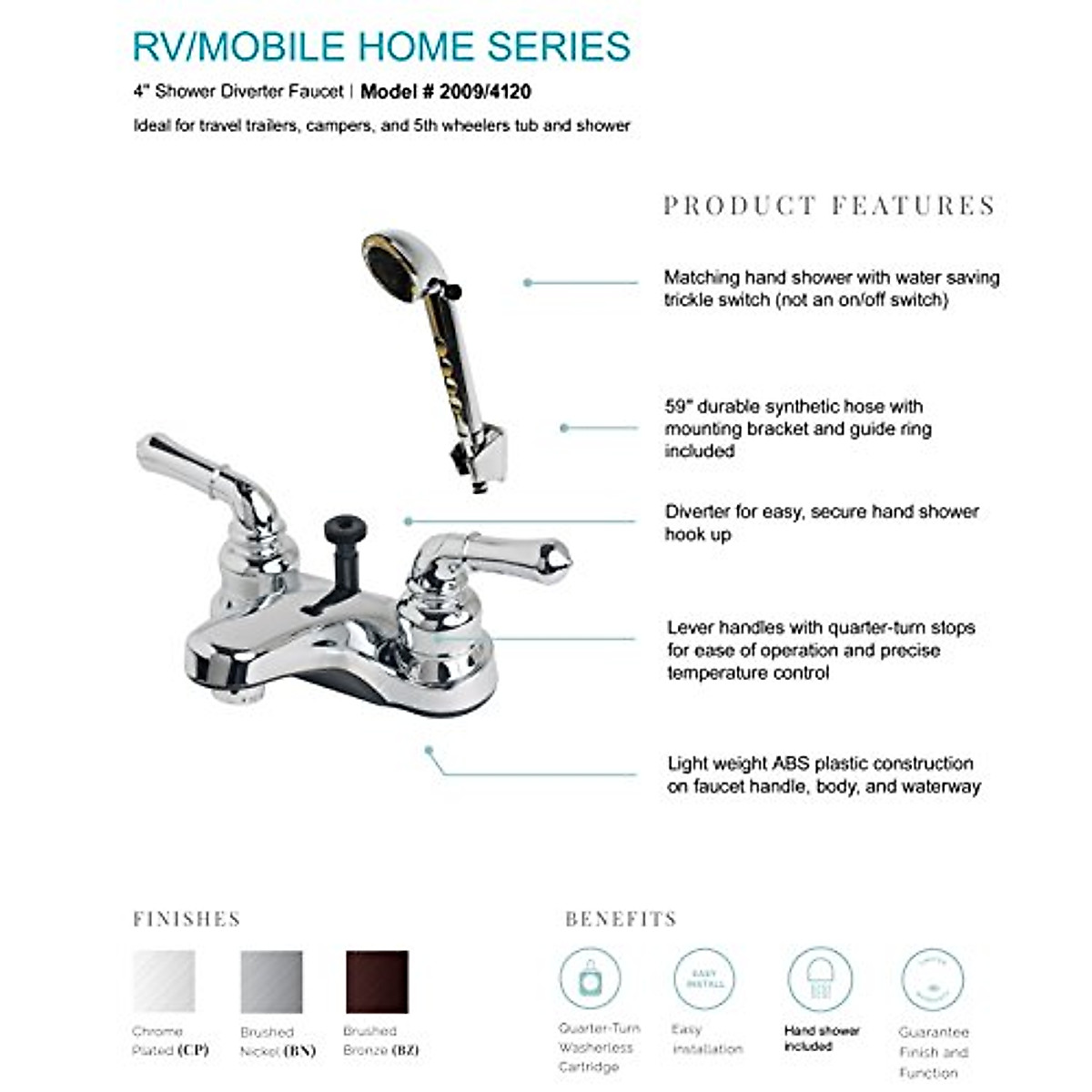 Builders Shoppe 2009CP/4120CP Motorhome Non-Metallic RV Diverter Lavatory Faucet with Hand Held Shower Set, Chrome Finish