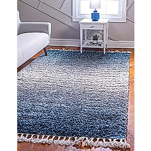 Unique Loom Hygge Shag Collection Modern Moroccan Inspired, Plush & Cozy Area Rug, 4 ft x 6 ft, Blue/Ivory