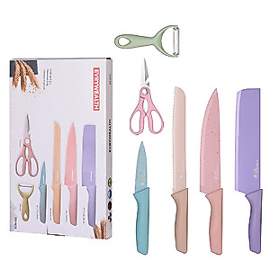 Colorful Kitchen Knives Set of 6 PCS Cute Fruit Knife Set with Gift Box,High Carbon Steel Kitchen Knife Set without Block, Environmental Wheat Straw Material Handle, Sharp Professional Chef Knife