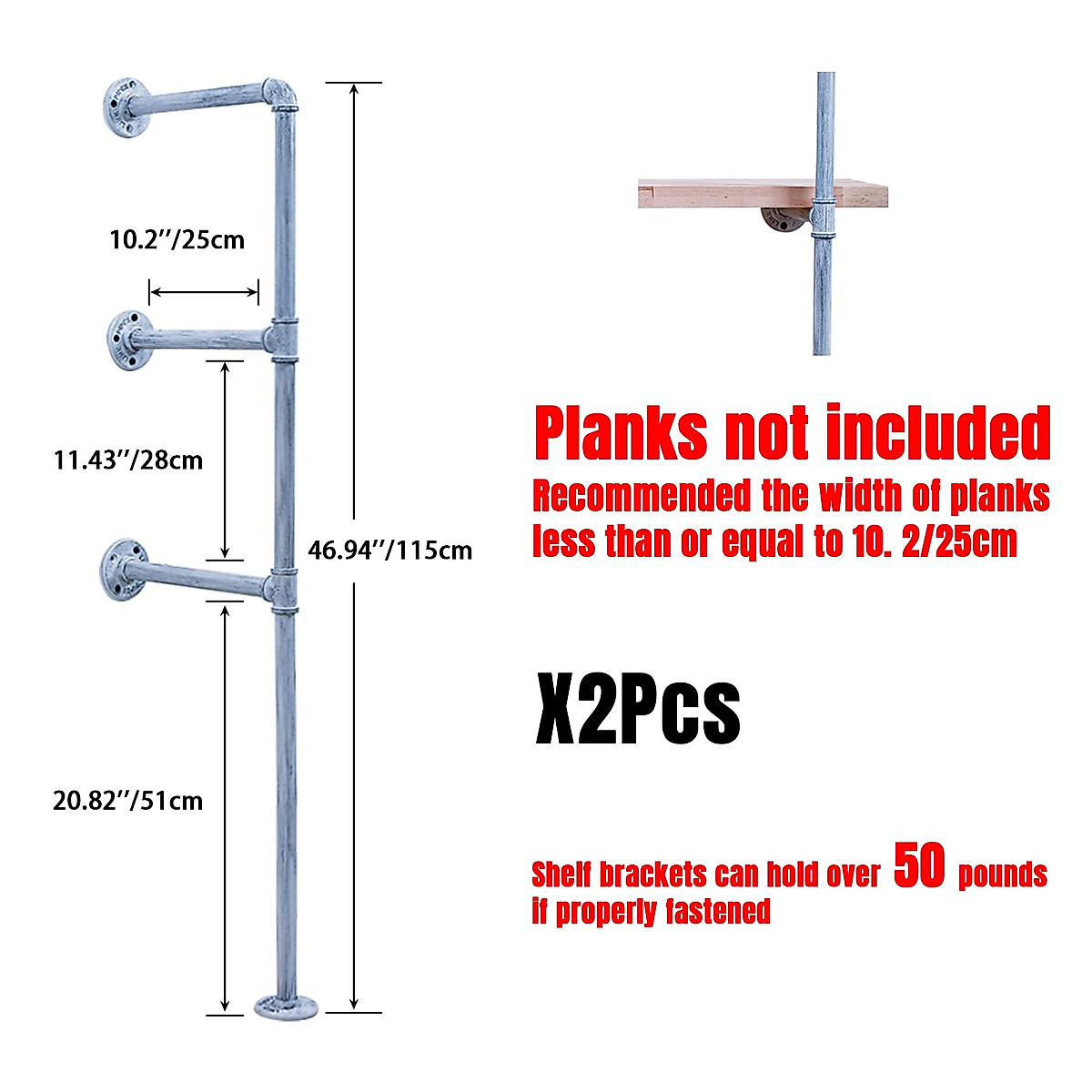 LINKPIPES Industrial Pipe Shelving, Shelf Brackets DIY Open Book Shelf for Office Room Kitchen Wall Shelves(2Pcs 3Tier,46.9" Tall,11" deep,Hardware Only)