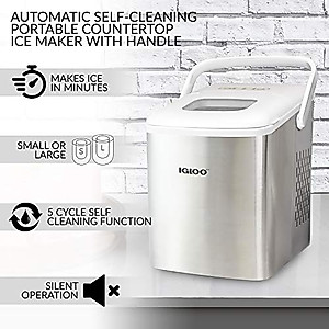 Igloo ICEB26HNSSWL Stainless Steel Automatic Self-Cleaning Portable Electric Countertop Ice Maker Machine With Handle, 9 Ice Cubes Ready in 7 minutes, With Ice Scoop and Basket, Stainless/White