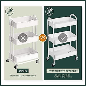 3 Tier Rolling Cart, No Screw Metal Utility Cart, Three Tier Rolling Storage Cart, Rolling Utility Carts with Lockable Wheels Heavy Duty Multifunctional Kitchen Bathroom Organizer Storage Cart, White