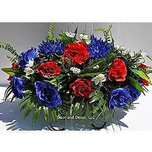 Summer Patriotic Cemetery Flowers with Red Roses, Blue Spider Mums, Blue Roses, and White Forget-me-nots headstone saddle arrangement