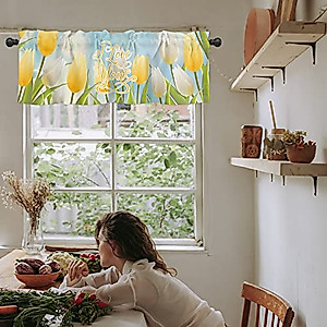 Tulip Floral Valance Curtains for Living Room/Bedroom/Bathroom/Kitchen Window,Rod Pocket Window Valance Tiers Small Window Curtain Drape Window Panel Treatment,Spring Gold White Flower Bow 1 Panel
