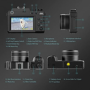 Vlogging Camera, 4K 48MP Digital Camera with WiFi, Free 32G TF Card & Hand Strap, Auto Focus & Anti-Shake, Built-in 7 Color Filters, Face Detect, 3'' IPS Screen, 140°Wide Angle, 18X Digital Zoom