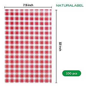 NATURALABEL 100 Pcs Wax Paper, 12" x 7.5" Red and White Checkered Greaseproof Paper,Wax Paper Sheets for Food,Rave Party BBQ Picnic Party Deli Paper