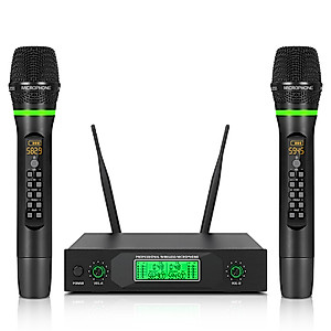XTUGA Wireless Microphone System 50 Frequencies Rechargable Dual Mental Cordless Dynamic Microphone Set, 290ft, Echo,Treble,Bass for DJ/Church/Karaoke/Wedding/Party Home KTV Set