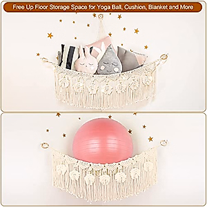 Macrame Stuffed Animal Toy Net Hammock with Star Light, Small Plushies Boho Storage for Nursery Room, Large Corner Wall Hanging Organizer for Kids, Bohemian Woven Decor Display Holder for Girls Boy