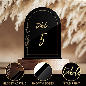1-10 Black Arched Acrylic Wedding Table Numbers, Gold Print Acrylic Table Numbers for Wedding Reception with Head and Gift Table Number, Floral Gold Table Numbers, Gold Floral Design Table Numbers