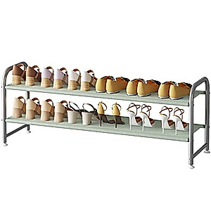 INGIORDAR 2 Tier Long Shoe Rack Wide Shoe Shelf Organizer and Storage for Floor Entryway Closet Shoe Stackable Wide Shelf Holds 12 Pairs of Sneakers Women Heels Boots, Grey