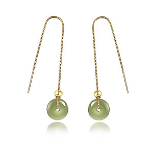 B&D Labor Day Gifts for Wife Mom 14K Gold Filled Hetian Jade Dangling Earrings Handmade Natural Bead Drop Earrings Green Long Wire Bridal Jade Jewelry Birthday Gift for Women (Green)