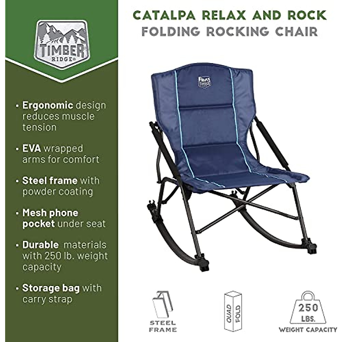 TIMBER RIDGE Folding Rocking Camping Chair with Hard Armrests, Portable Outdoor Rocker for Patio, Garden, Lawn, Supports up to 250 lbs, Blue
