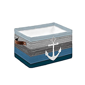 Storage Bin Foldable Storage Basket Nautical White Anchor Compass,Large Storage Bins with Handles Storage Baskets for Organizing,Farm Vintage Blue Wooden Board Collapsible Storage Cubes Organizer 25L