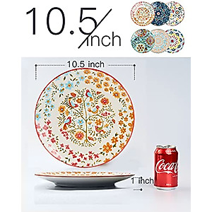 getstar 10.5” Ceramic Dinner Plates with Underglaze Assorted Patterns, Set of 6, Microwave & Dishwasher Safe, Colorful Porcelain Salad Pasta Dinner Plates Set of 6