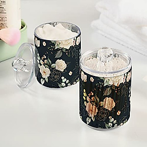 Gredecor 4 Pack Qtip Dispenser Apothecary Jars Bathroom Organizer, Romantic Pink Gold Flowers Black Qtip Holder Storage Canister Plastic Acrylic Jar for Cotton Ball/Swab/Rounds