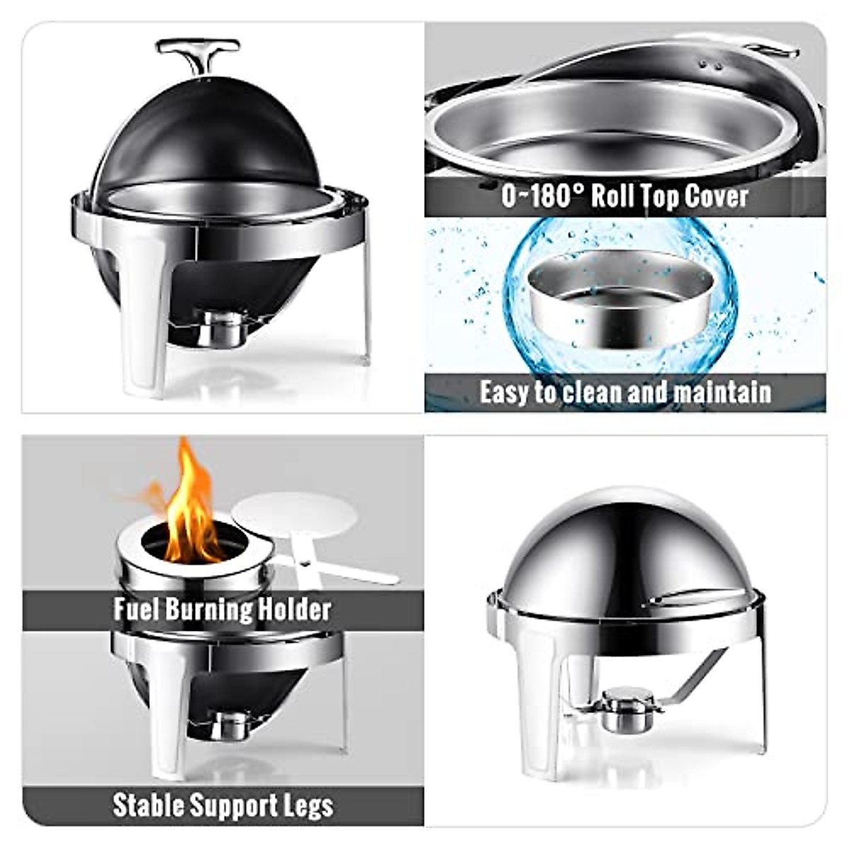 3 Pack Roll Top Chafing Dish Buffet Set 6 Quart Round Stainless Steel Chafer for Catering with Solid Stand and Fuel Holder Buffet Servers and Warmers for Party Banquets Wedding Buffets