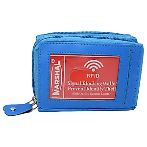 MARSHAL Genuine Leather RFID Identity Protected Double Zippered Accordion Wallet (Baby Blue)