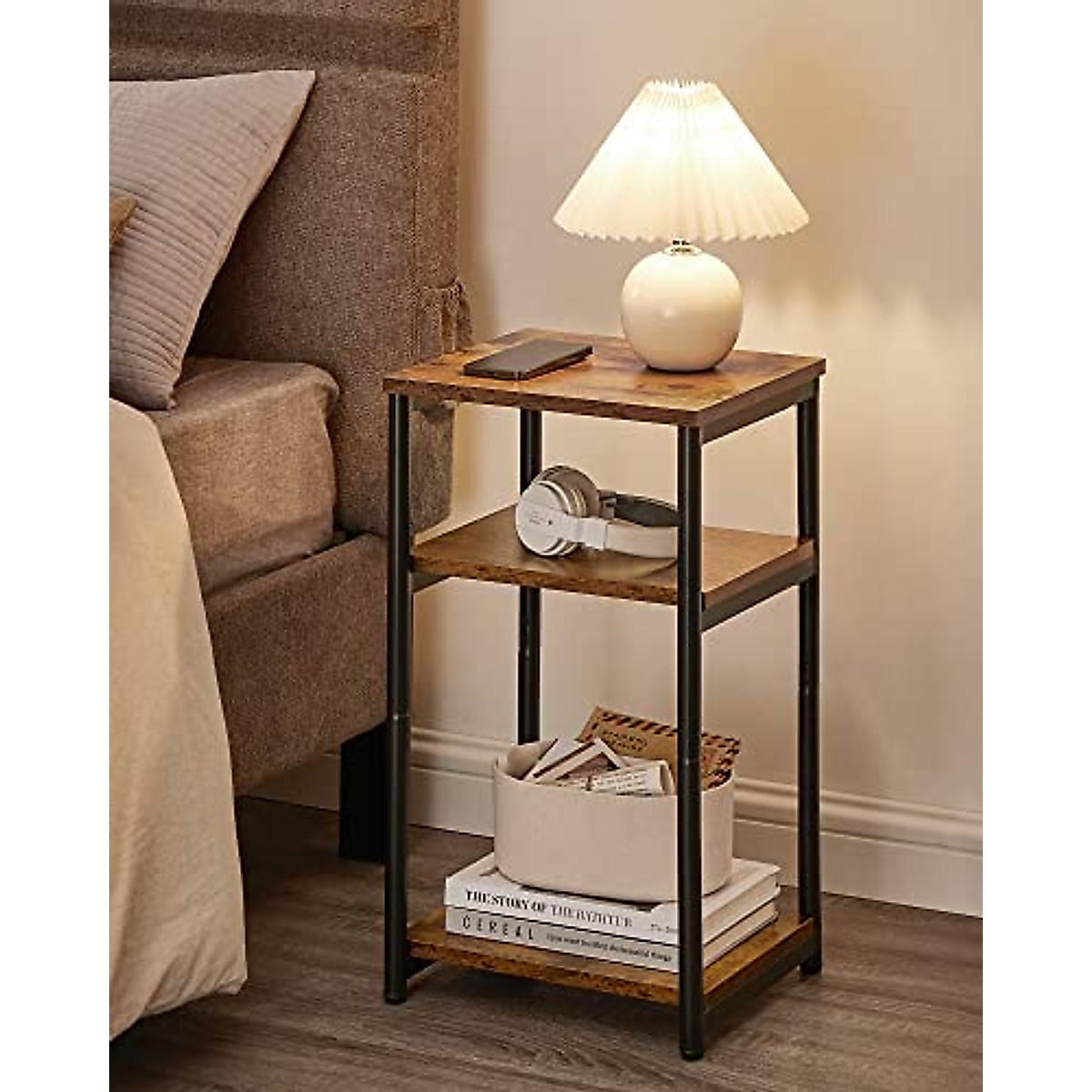 VASAGLE Side Table, Small End Table, Tall Nightstand for Living Room, Bedroom, Office, Bathroom, Rustic Brown and Black ULET273B01