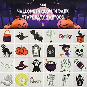 Halloween Temporary Tattoos for Kids- 144 Pieces Glow in Dark Non-Toxic Tattoo Individually Wrapped in 24 Unique Designs- Halloween Party Favors for Kid
