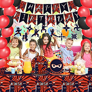 162 Pcs Ninja Birthday Party Decoration Set Ninja Warrior Party Supplies Kit Includes Ninja Master Tableware Tablecloth Hanging Banners Foil Swirls Cutouts Balloons for Kids Boys Karate Party Favors