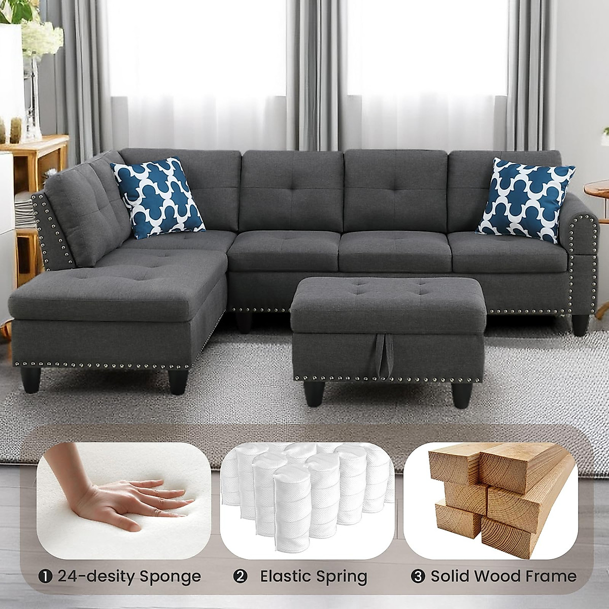 Yafylly L Shaped Sectional Couch, Living Room Furniture Set with Storage Ottoman, Deep Seat Modular Sofa with 2 Cup Holders, 2 Throw Pillows for Large Space, Grey