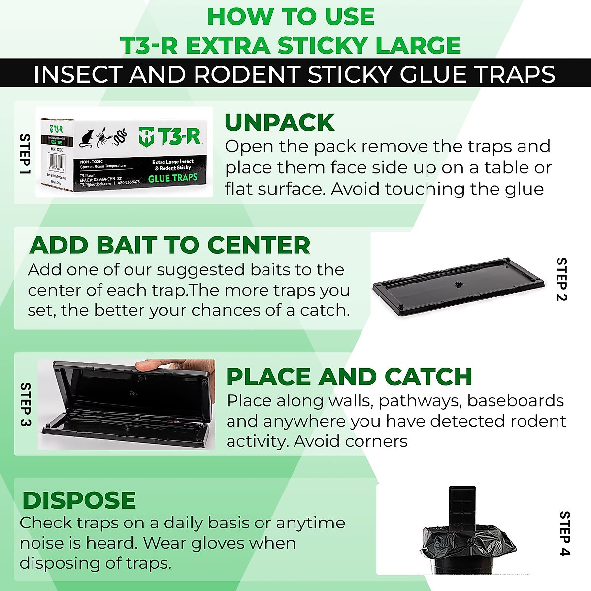 T3-R Sticky Traps for Bugs Extra Large (12 Pack) - Mouse and Insect Glue Boards - Disposable Non-Toxic Glue Traps for Mice and Rats - Extra Strength Sticky Glue Traps for Rodent