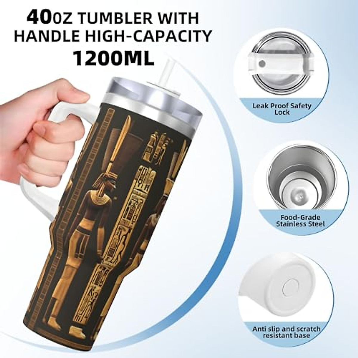 HULIBIN Ancient Egyptian Hieroglyph Print Double Deck Stainless Steel Travel Coffee Cup With Lid 40 Oz Ice Bully Cup