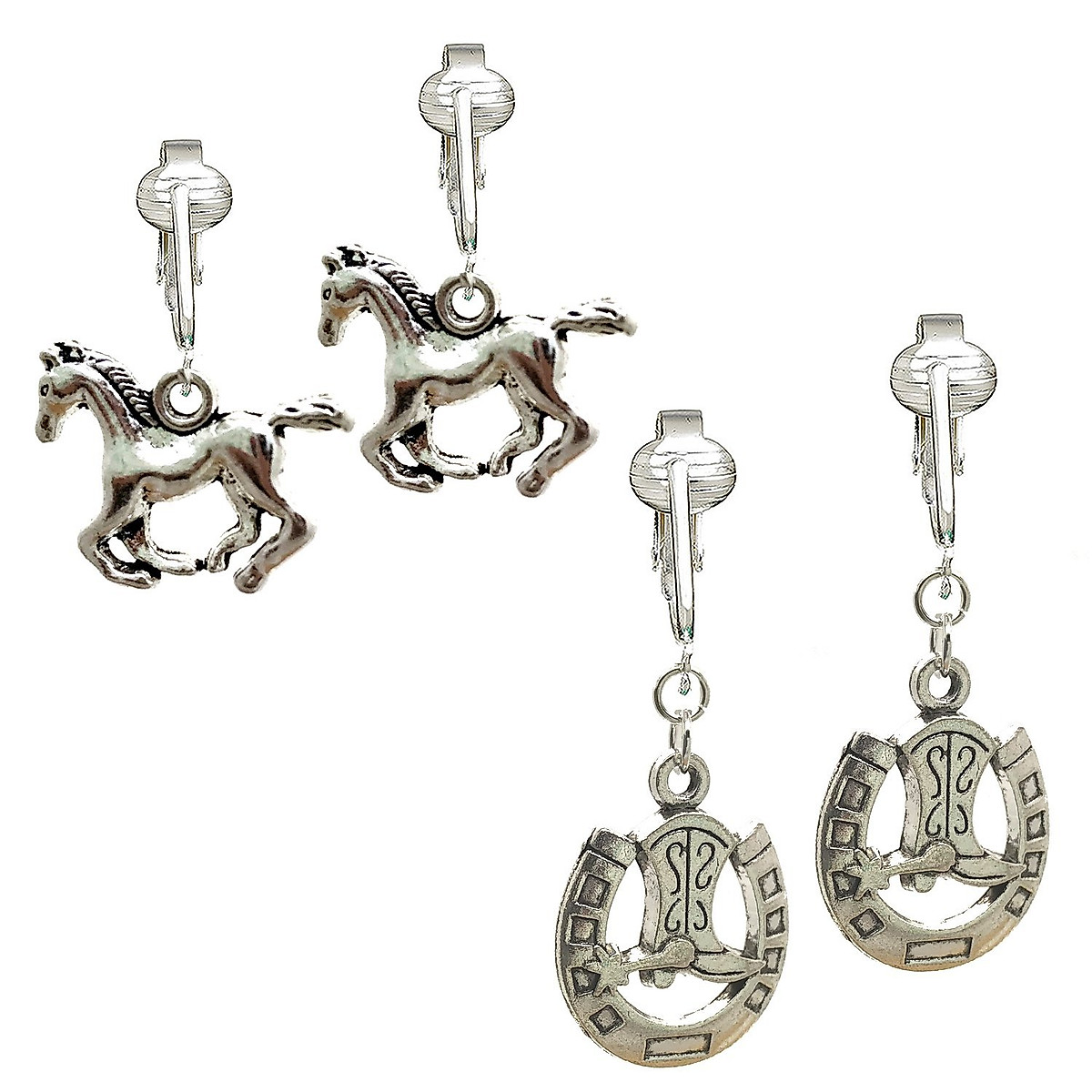Aloha Earrings Bright & Fun Clip Earrings, Lightweight Stars, Owls, Eiffel Tower, Horse, Cowgirl, Flamingo, Elephant, Daisy Dangling Charm Designs for Clip Ears (Cowgirl Boots/Horse Set of 2)