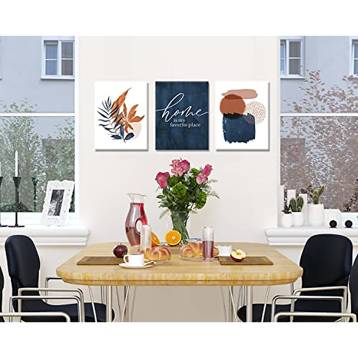 Pigort Framed Blue Canvas Wall Art Set Abstract Botanical Tropical Plants Picture Wall Decor for Living Room Bedroom Bathroom Office (11'' x 14'' x 3 Panel)