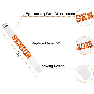 6Pcs White Senior 2025 Satin Sashes with Orange Glitter Letters- 2025 Graduation Celebrations Sashes - Senior Cheer Sash - Cheerleader Sash - Class Competition Sashes