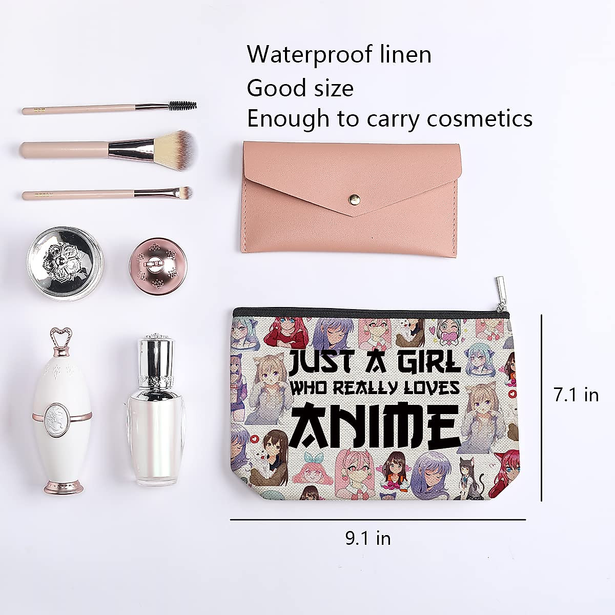 kdxpbpz Cosmetic Bag for Women, Waterproof Flax Material, Anime Lover Gifts for Girls, Travel Makeup Organizer Zipper Pouch